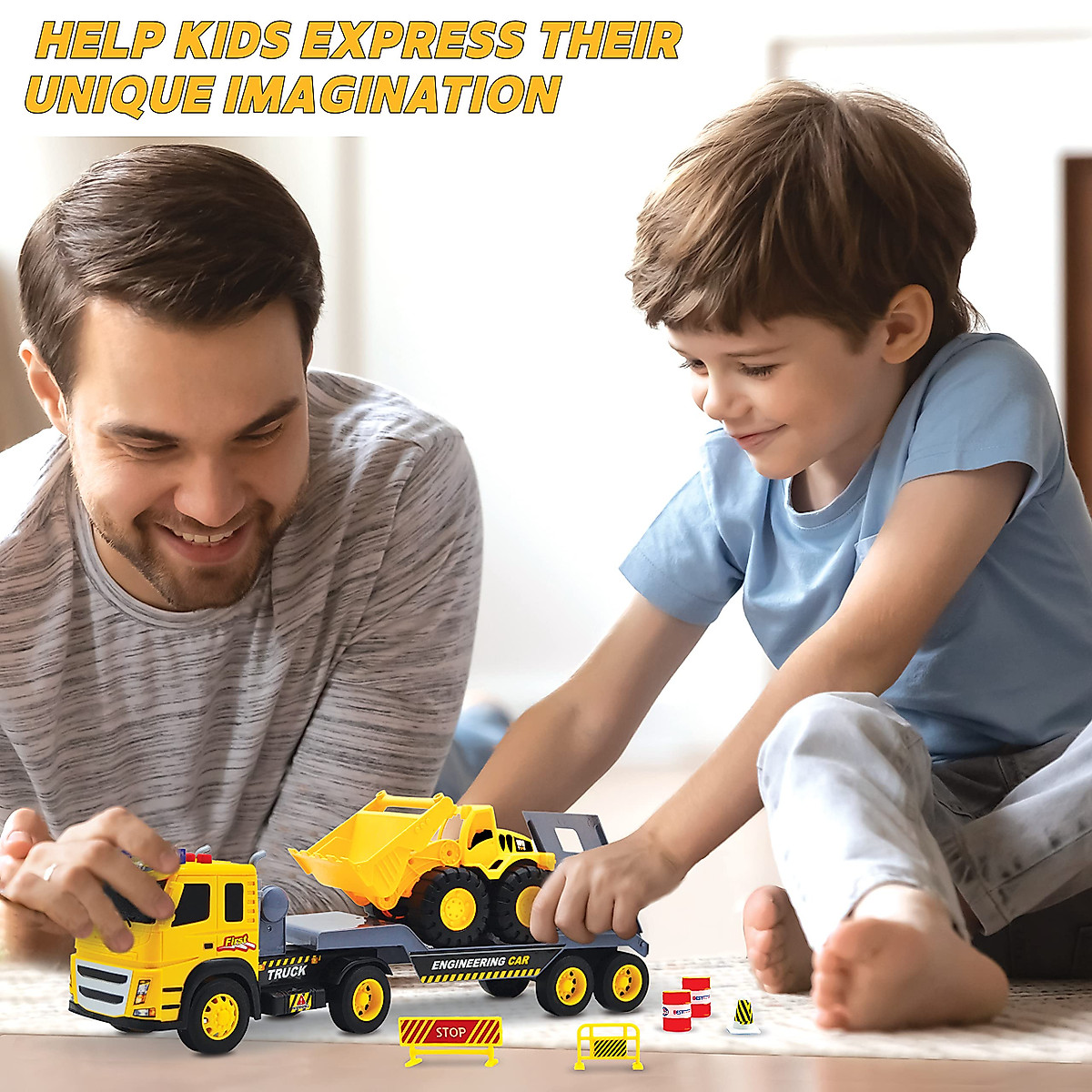 MOBIUS Toys Flatbed Truck with Excavator Tractor Toy - 1:12 Scale, Push and Go Construction Vehicle Playset, Lights & Sounds for Kids, Toddlers, Boys, & Girls Ages 3 4 5 Years Old