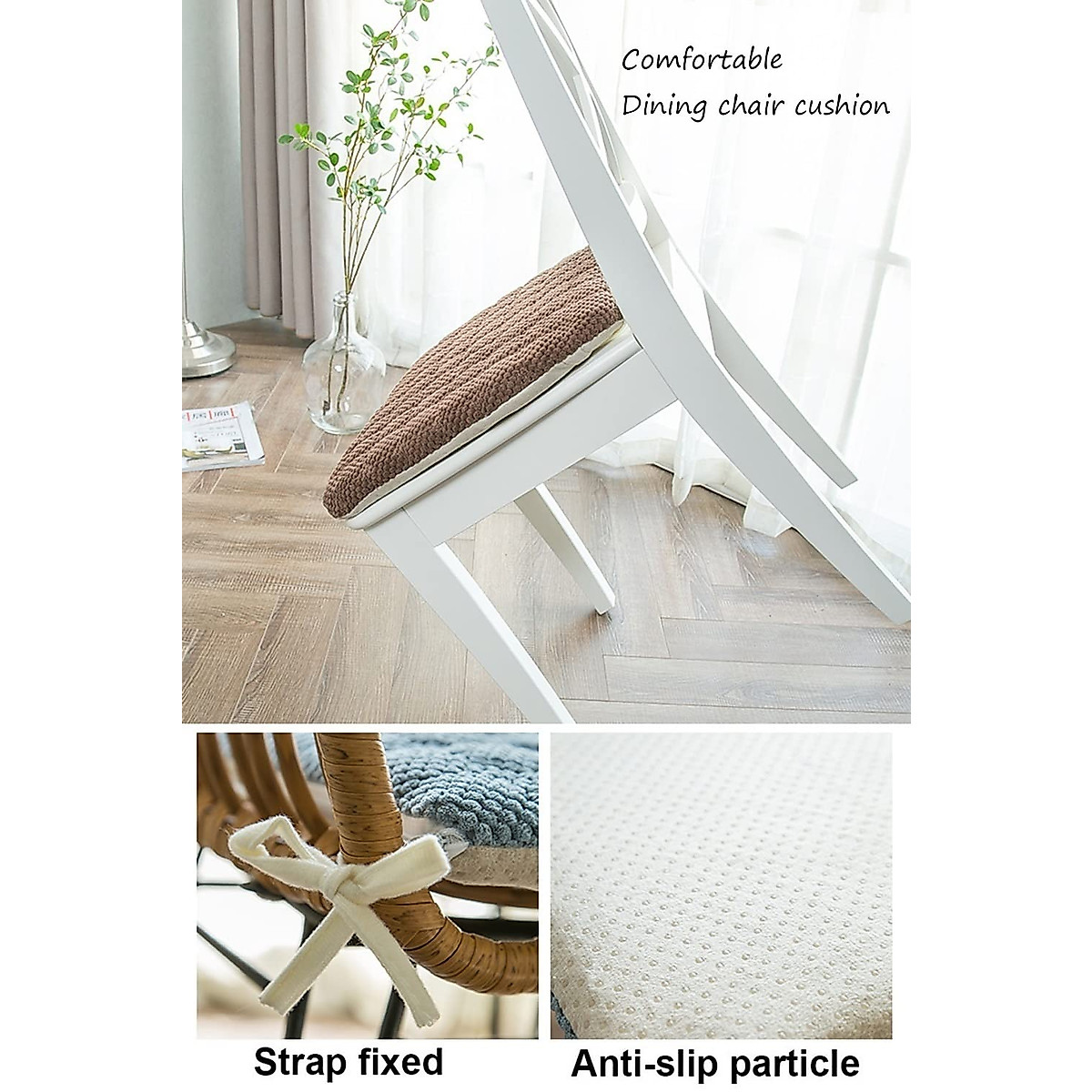 ETULLE 1/2/4 Packs Chair Cushion Solid Color Dining Chair Pad with Ties, Kitchen Non-Slip Chair Pad Soft Seat Cushion with Machine Washable Cover (Color : Coffee, Size : Set of 4)