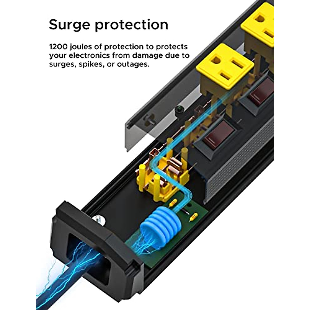 Power Strip with Individual Switches and Flat Plug, CRST 6-Outlet Metal Heavy Duty Surge Protector (1200 Joules), 6-Feet 14AWG Cord with Hook and Loop Fastener, 15A Circuit Breaker