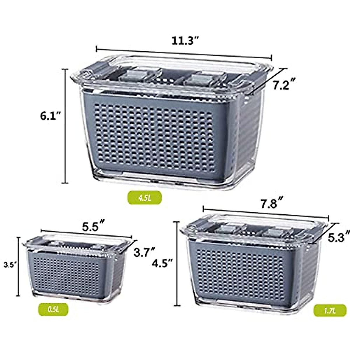 3-pack Vegetable and Fruit Storage Containers for Fridge Organizer Produce Saver Containers for Refrigerator Lettuce Berry Salad Cabbage Keeper BPA-Free Kitchen Organization with Lids and Air Vents (Grey)