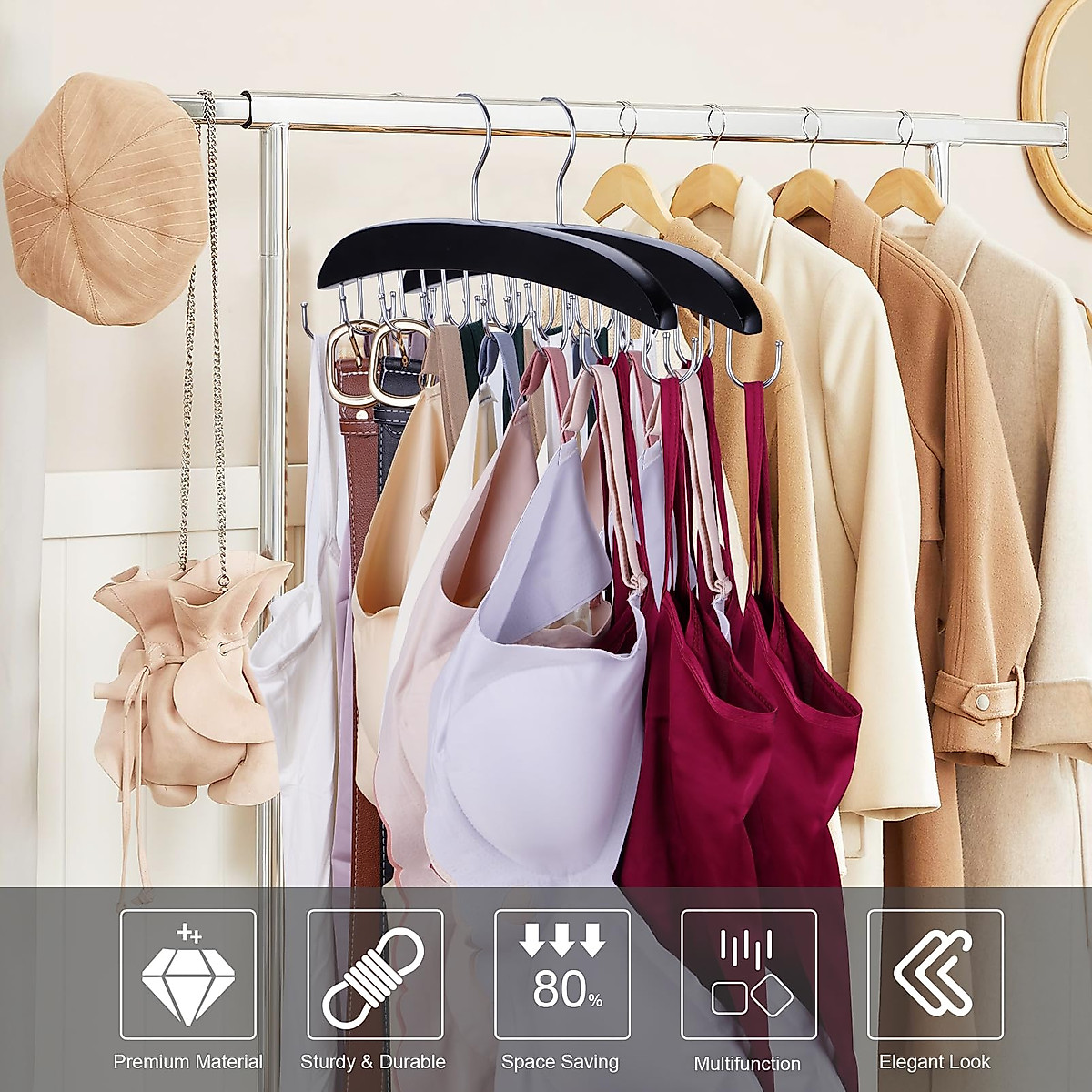 1PC Bra-Hanger-Space-Saving for Closet, Tank-Top-Hanger Stackable with 360°Rotating Hook,Closet-Organizer and Storage Hold Up 14 Bras-Camisoles-Ties-Swimsuits-Strappy-Dress