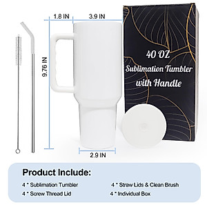 Laosh 40 oz Sublimation Tumbler with Handle And Straw, 4pcs 40oz Sublimation Tumblers Blanks Bulk, Coffee Insulated Cup Stainless Steel Travel Mug for Diy Craft 40 Oz Tumbler Heat Press Print (White)