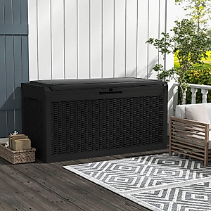Patiowell 100 Gallon Resin Deck Box with Soft Cushion, Waterproof Large Storage Box for Patio Furniture, Pool Accessories, Toys, Garden Tools and Sports Equipment, Lockable, Black