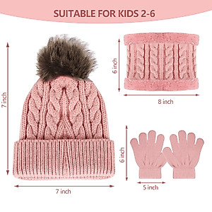 Kids Winter Beanie Hat Scarf Gloves Set for 2-6 Years Old, Toddler Winter Knit Hat Gloves Neck Warmer with Fleece Lined (pink)