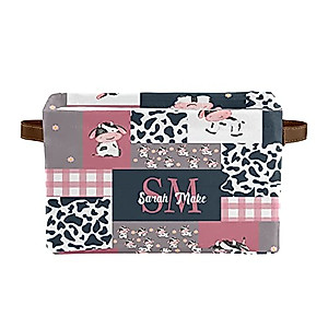 Cow Print Patchwork Custom Storage Basket ,Personalized Storage Bins Cubes Organizer with Handle for Bedroom Wardrobe,Nursery,Basket 1 Pack