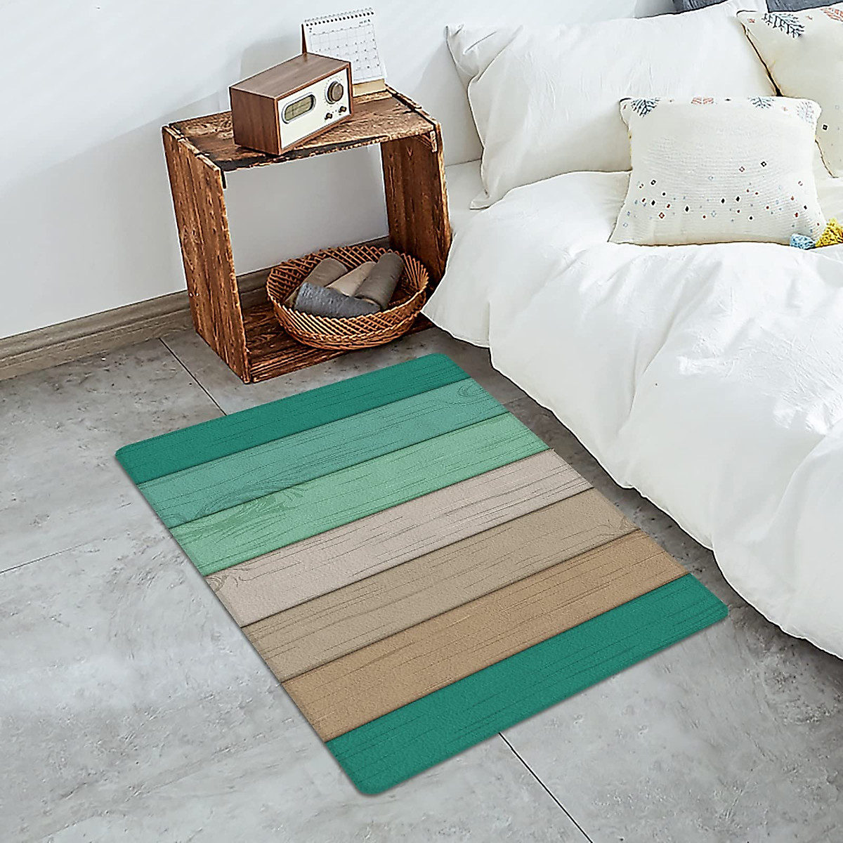 Retro Turquoise Brown Antifatigue Kitchen Bath Door Mat Cushioned Runner Rug,Washable Welcome Floor Sink Mat,Rustic Farm Gradient Wood Grain Waterproof & Non-Slip Comfort Standing Doormat,18"x30"