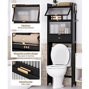 Cozivolife Over The Toilet Storage Cabinet with Drawer and Flip Door,Bamboo Bathroom Organizer Shelf with Anti-Tip Design and Waterproof Feet Pad,Freestanding Rack Above Toilet Space Saver (Black)