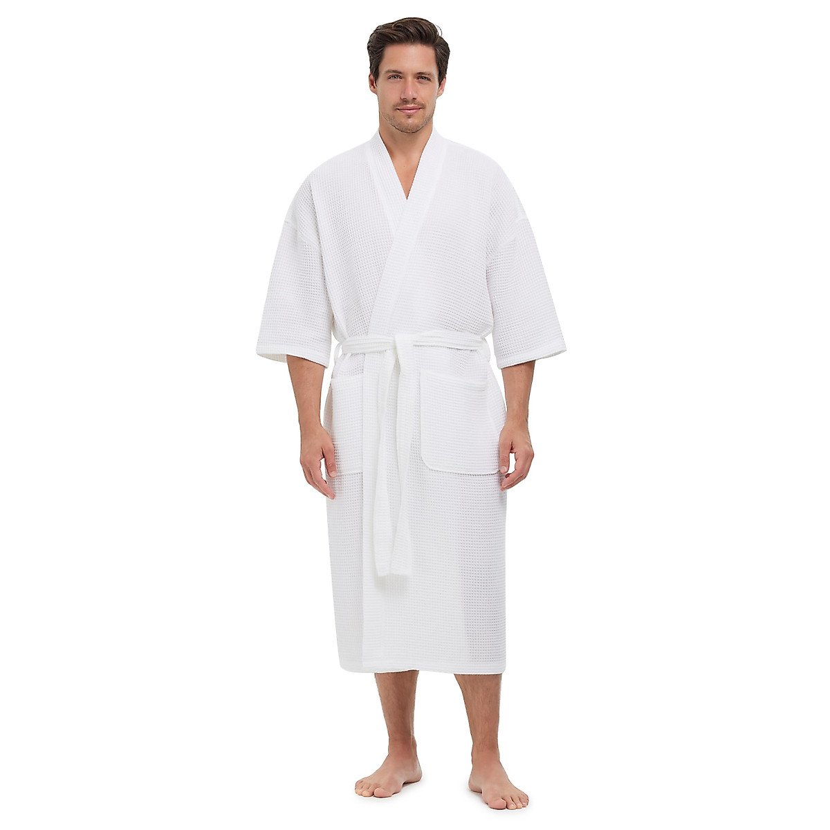 MONARCH Square Waffle Spa Kimono Robe - Soft Light Hotel Bathrobe Cypress (One Size/Large, White) (US, Alpha, One Size, White)