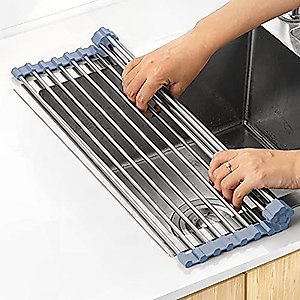 MECHEER Over The Sink Dish Drying Rack, Roll Up Dish Drying Rack Kitchen Dish Rack Stainless Steel Sink Drying Rack, Foldable Dish Drainer, Gray (17.5''x11.8'')