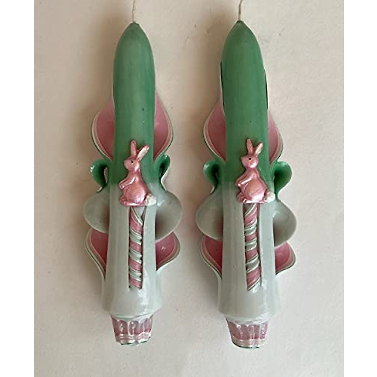 Carved Taper Candles with Easter Bunny (Pink/Green, Pink Bunny) - 6 Inch