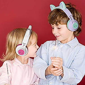 Kids Bluetooth Headphones, 2 Packs Cat Ear Headphones with LED Light, Boom Mic&Built-in Mic for Calls, 85dB Volume Limited Kids Headphones Wireless&Wired for School Tablet PC Phones (Purple&Blue)