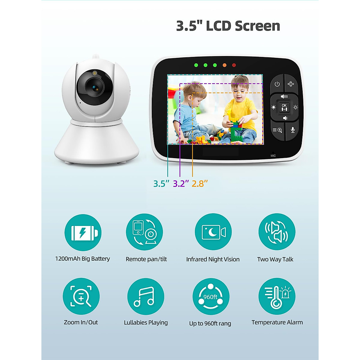 Kidsneed SM935C Baby Monitor with Camera and Audio | Keep Babies Safe with 19 Hour Battery Life, 3.5” Large Screen, Night Vision, Talk Back, Room Temperature, Lullabies, 960ft Range