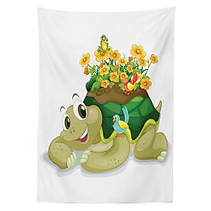Ambesonne Reptile Tablecloth, Funny Floral Turtle Talking Colorful Humming Birds Tortoise Ninja Inspired Print, Dining Room Kitchen Rectangular Table Cover, 52" X 70", Multicolor