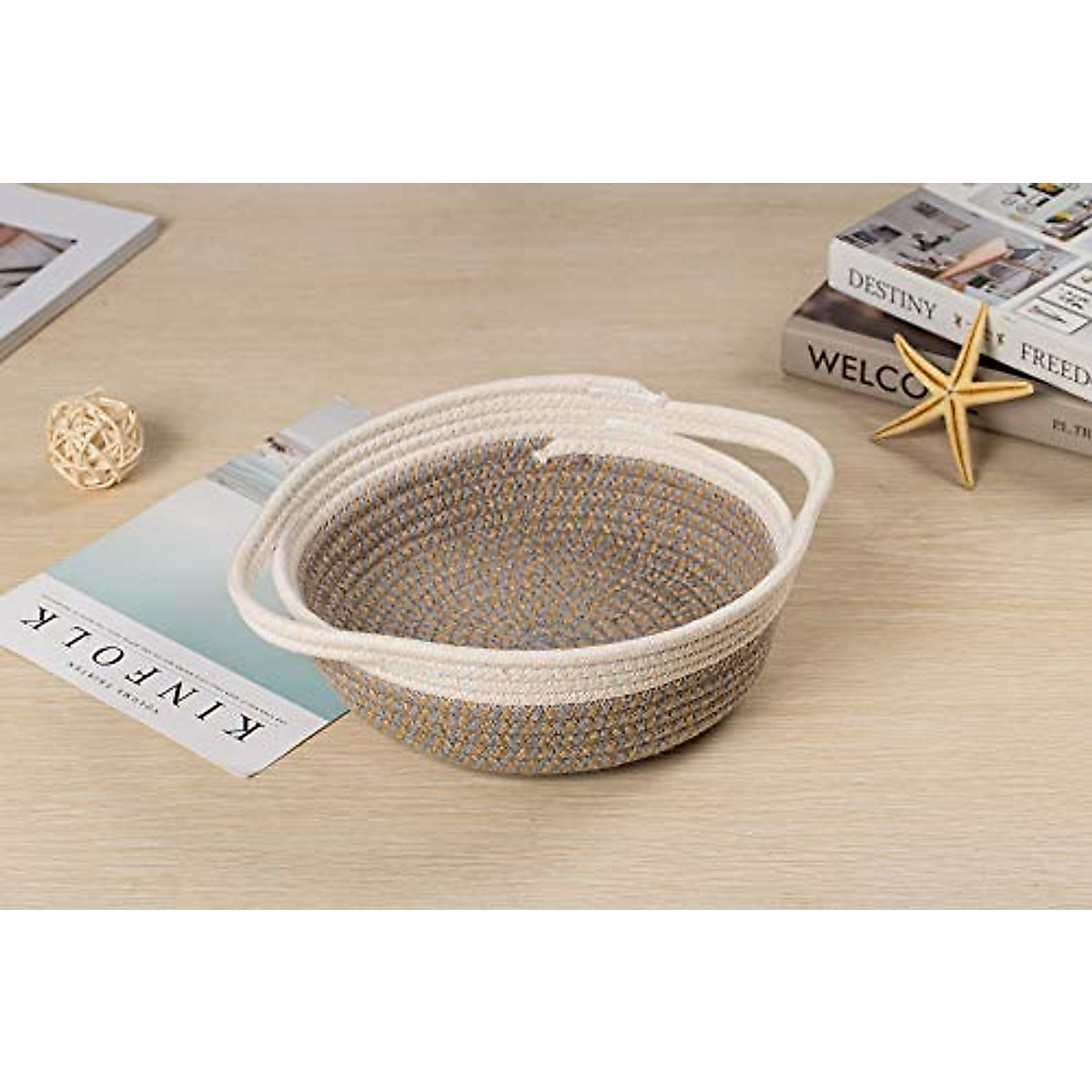 Small Rope Storage Key Basket Desk Organizer Basket Remote Control Bedside Storage Home Decor Mini Basket Woven Storage Basket Bowl Woven Dish Desk Container (Grey Camel Mix & White - Hemp Rope)