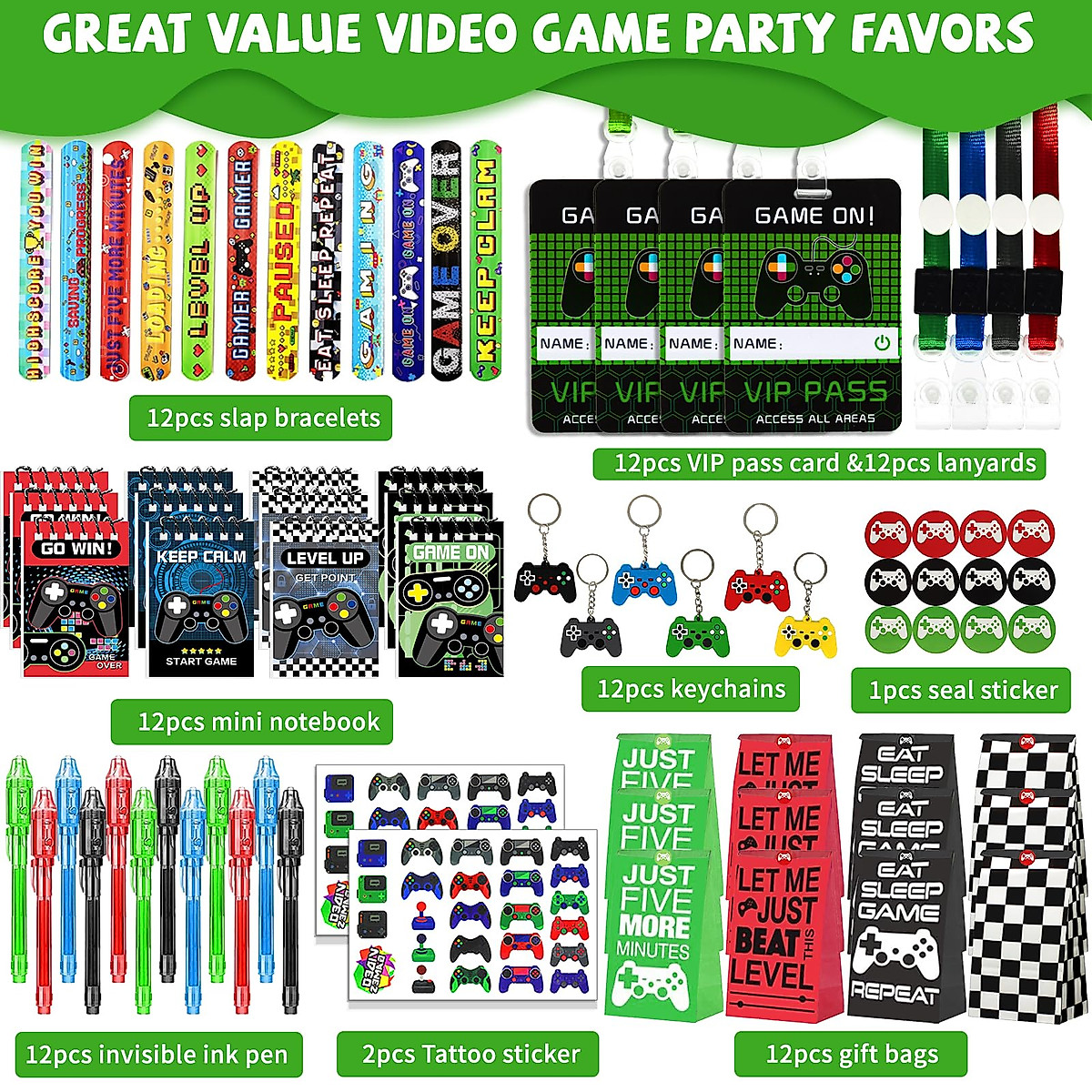 146 Pcs Video Game Party Favors, Gamer Party Favors -Ink Pen Notebook VIP Passes with Lanyards Slap Bracelets Keychains Bags Tattoo Stickers for Kids Gaming Party Favors Game On Birthday Party Favor