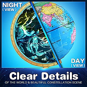 TTKTK Illuminated World Globe(Dia 8-Inch) for Kids with Wooden Stand 7 in 1- Night View Stars Map Constellation Globe with Detailed Colorful World ,Built-in LED Bulb, Educational Gift, 8 inch