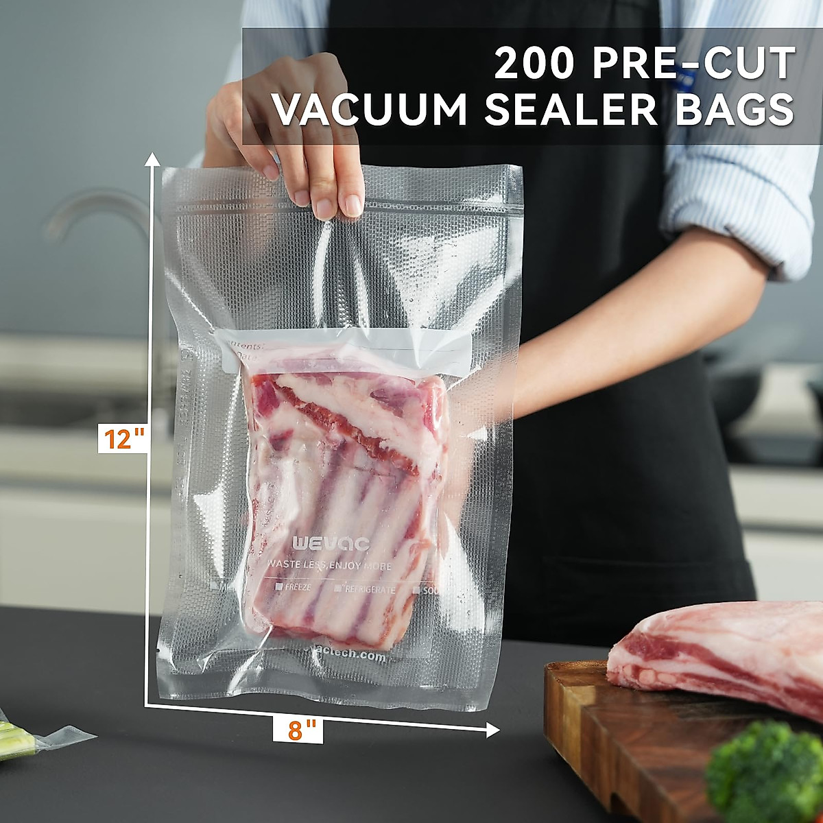 8" x 12" Precut Vacuum Sealer Bags, 200 Count, Includes 5 Liquid Block Bags & 5 Bone Guard Pieces, Heavy Duty for Food Storage, Sous Vide & Meal Prep, Wevac