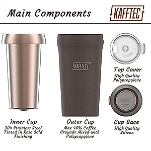 Coffee Tumbler Travel Coffee Mug 16oz, KAFFTEC Stainless Steel Inner Coffee Grounds Material Outer, Coffee Mug Suitable for Hot/Ice Coffee, Beer and Tea (1 Pack)