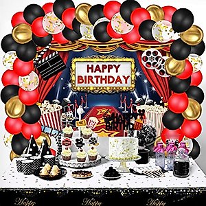 86 Pcs Movie Night Party Decorations Kit, Include Movie Night Themed Large Backdrop Movie Night Colorful Balloons Movie Night Table Cover Cake Topper for Movie Night Party Red Carpet Party Supplies