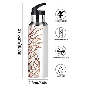 OREZI Rose Gold Pineapple On Pink And White Marble Water Bottle Thermos with Straw Lid for Boys Girls,600 ml,Leakproof Stainless-Steel Sports Bottle for Women Men Teenage
