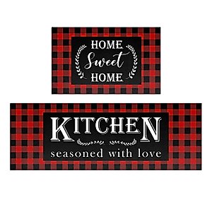HOLVDENG Red Buffalo Plaid Kitchen Mat Set of 2 Non Slip Thick Kitchen Rugs and Mats for Floor Comfort Standing Mats for Kitchen, Sink, Office, Laundry, 17"x47"+17"x28"