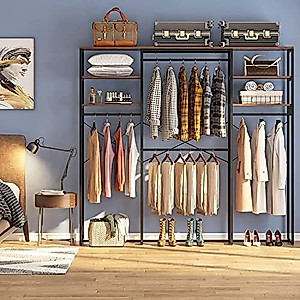 LITTLE TREE Free Standing Closet Organizer, Large Heavy-duty Garment Rack with Shelves and Hanging Rods,Open Wardrobe for Bedroom,Brown