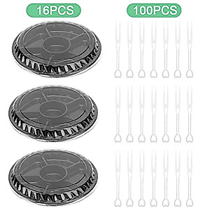 16 Pack Round Appetizer Serving Trays with Lids & 100Pcs Forks,6 Divided Compartments Disposable Food Storage Containers Serving Plate Veggie Trays(Black)