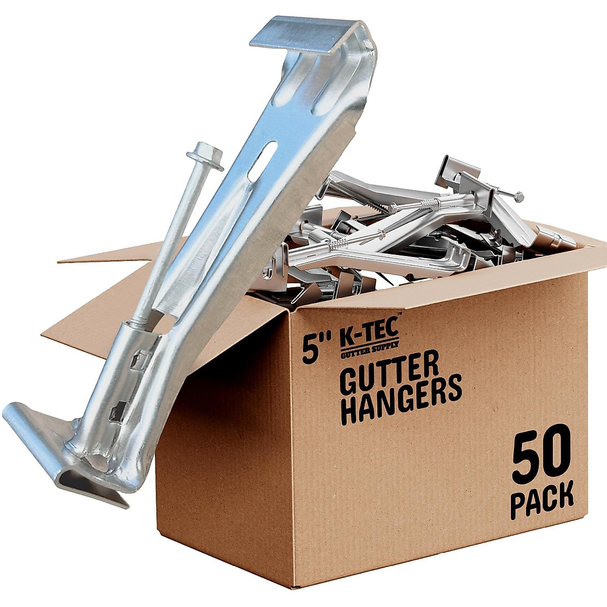Hidden Gutter Hangers 5 Inch with a Pre-Inserted Rust Resistant Screw - Heavy Duty Rain Gutter Brackets Fastener with Clip for 5" K-Style Aluminum Gutters - Easily Repair Sagging Gutters - 50 Pack