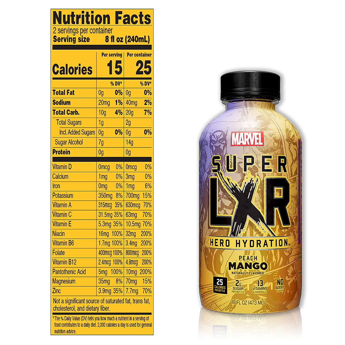 AriZona x Marvel Super LXR Hero Hydration - Peach Mango - 16oz (Pack of 12), Perfect for Athletes, Low Calorie with Electrolytes, Vitamins and Natural Flavors - Thirst Quencher