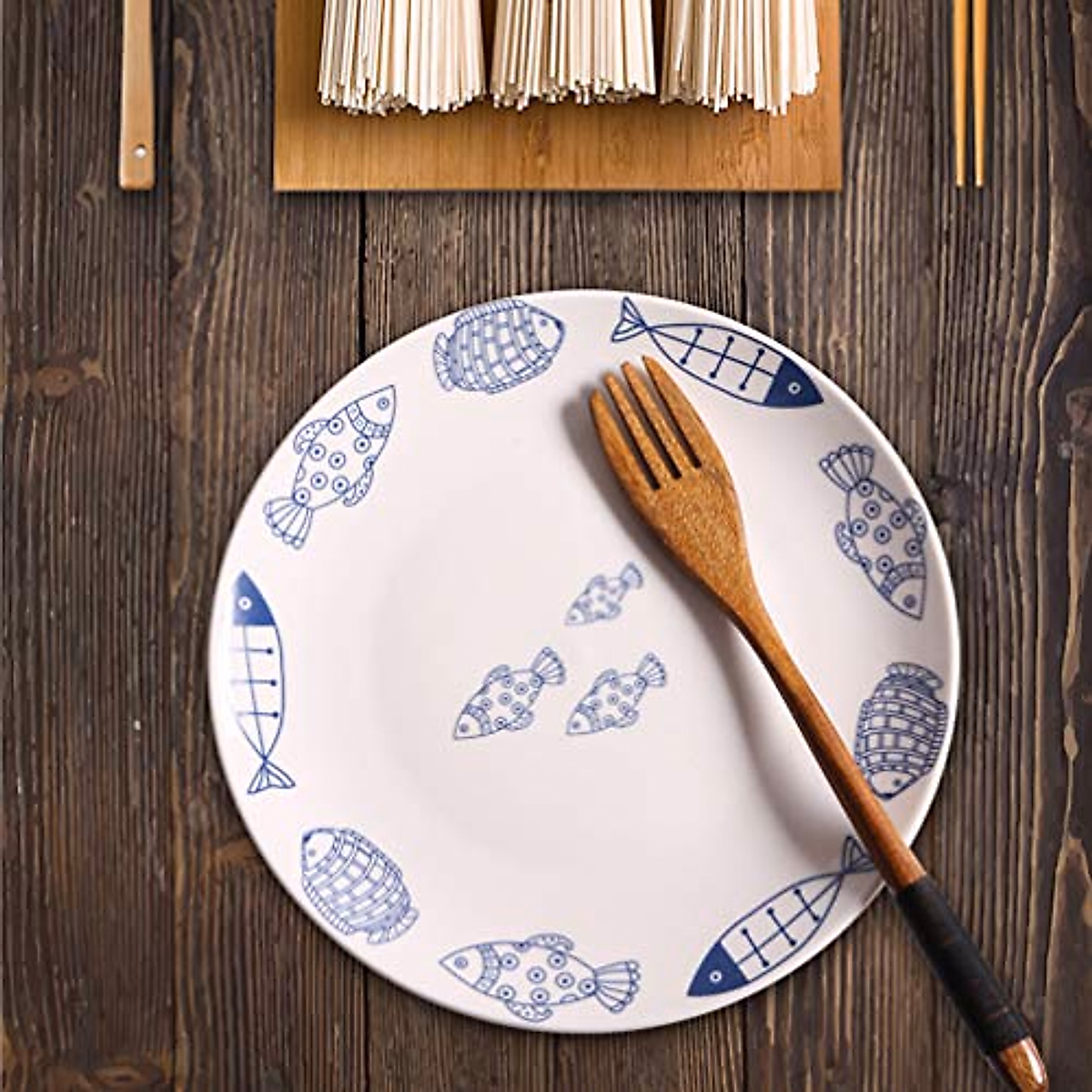 YARNOW 8-inch Ceramic Serving Plate Porcelain Round Platter Dessert Salad Tray Dinner Dish Bowl for Tabletop Home Restaurant (Nine Fishes)