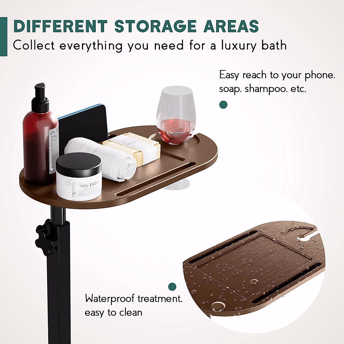 Yumkfoi Bamboo Bathtub Tray Table with Adjustable Height, Freestanding Bath Caddy Side Table for Tub Against Wall, Tub Shelf with Wine Glass Phone Holder, Functional Tray - Patent Protected (Brown)