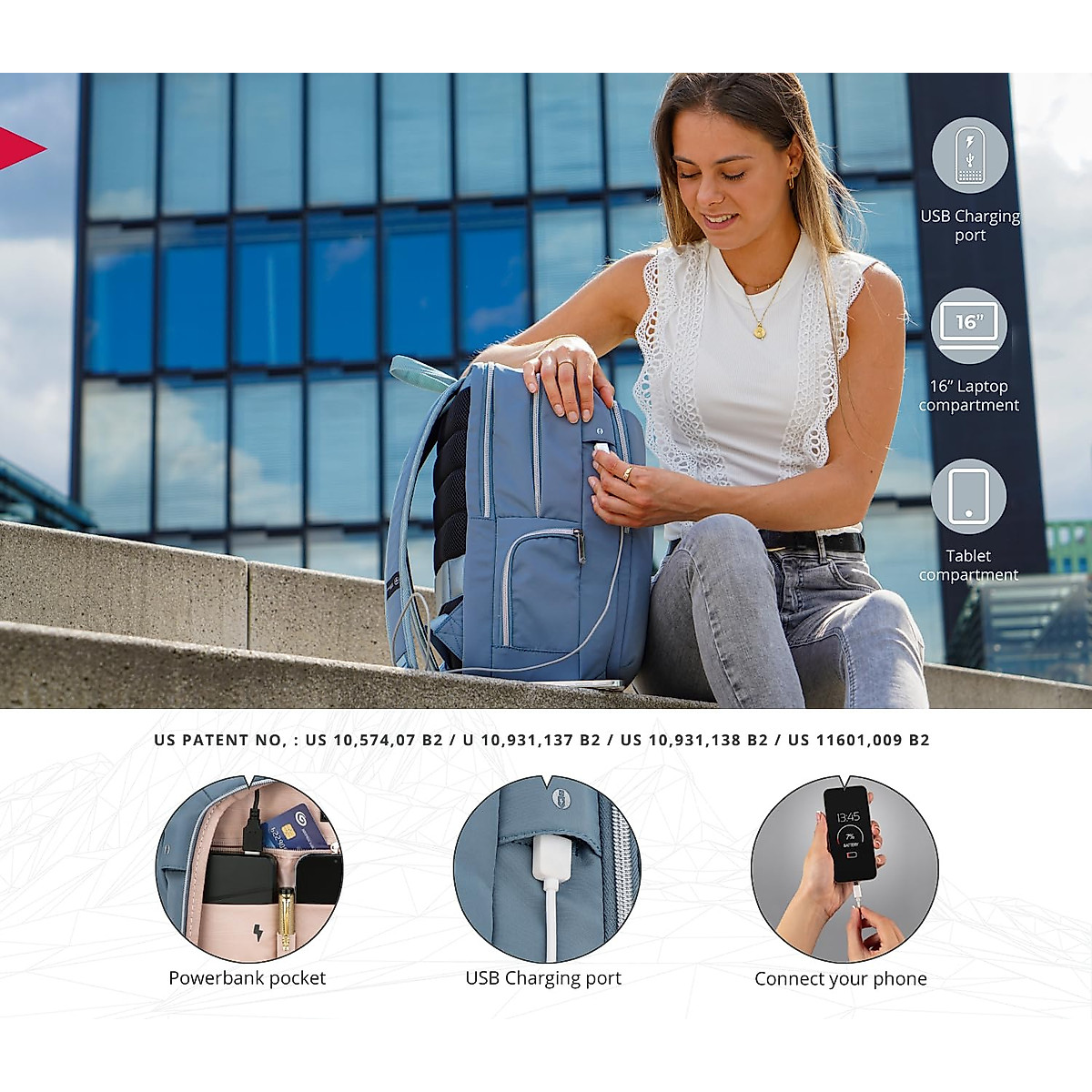 Swissdigital Design Laptop Backpack For Women, College Bookbags With USB Charging Port, Large Capacity Computer Backpacks For Work Business Blue (KATY ROSE SD1006F-13)