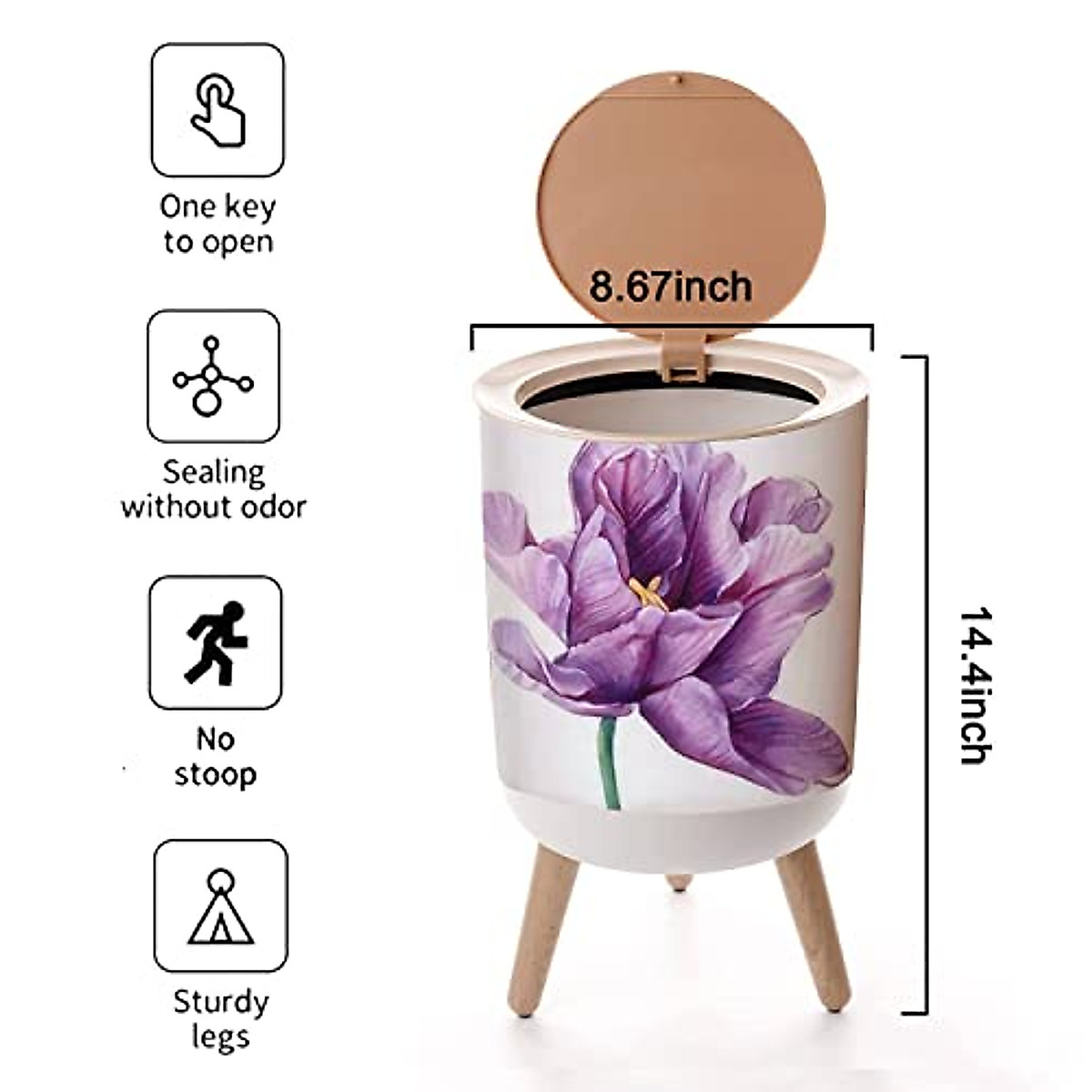 Round Trash Can with Lid Lilac Flower an Isolated White Watercolor Illustrations Purple Tulips Press Top Recycle Bin Small Garbage Can Dog Proof Wastebasket Wooden Legs Bathroom Kitchen 7L/1.8 Gallon