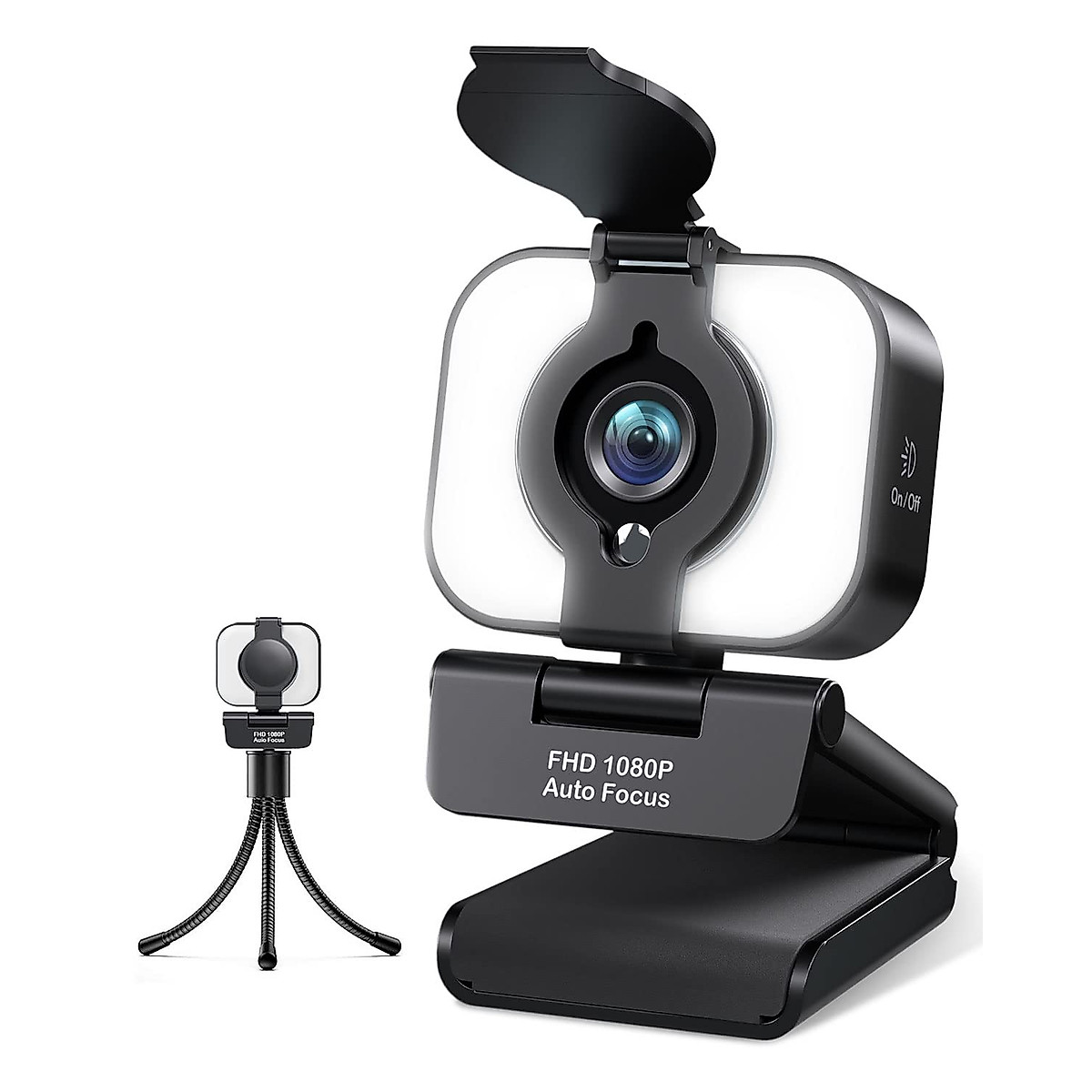 Webcam FHD 1080P Streaming Webcam with Ring Light, Microphone, Privacy Cover and Auto-Focus, Plug and Play, USB Web Camera for Zoom Skype YouTube, PC Laptop Computer