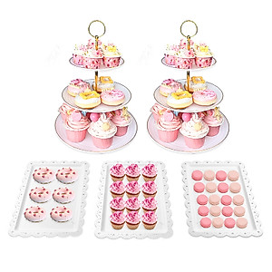 Cake Stand Set-5 Pcs Cupcake Stand Set-Dessert Table Display Set with 2xlarge 3-Tier Cupcake Stands + 3X Appetizer Trays Perfect for Wedding Baby Shower Home Birthday Tea Party Decoration(Round)