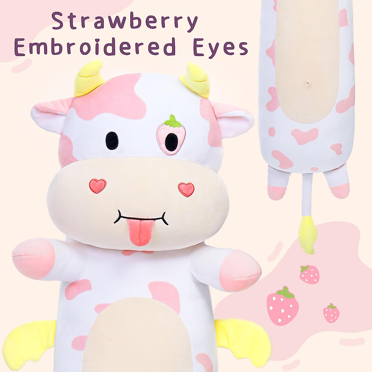 MorisMos Giant Cow Body Pillow 43'' Long Cow Pillow Plush, Pink Cow Stuffed Animal Glow in The Dark, Strawberry Cow Pillow with Heart for Girlfriend Valentine's Day Gift,Girl Boy Kid Body Pillow Gift