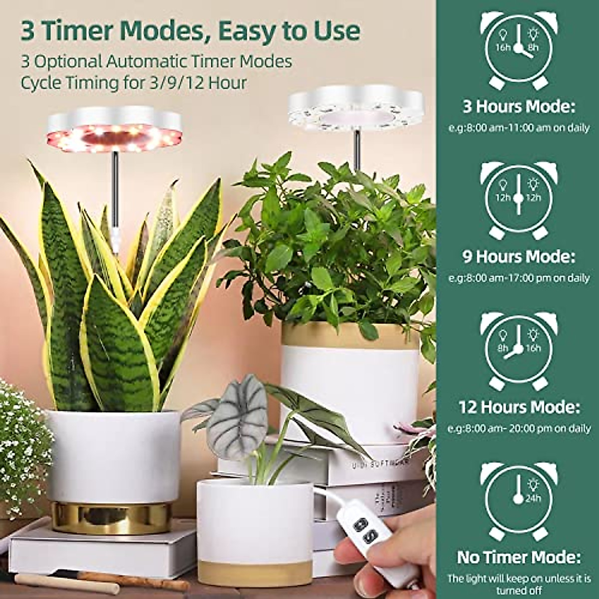 Grow Light Full Spectrum Plant Light for Indoor Plants, Height Adjustable Growing Lamp with Auto On/Off Timer 3/9/12H, 10 Dimmable Levels, 3 Light Modes Small Plant Grow Light