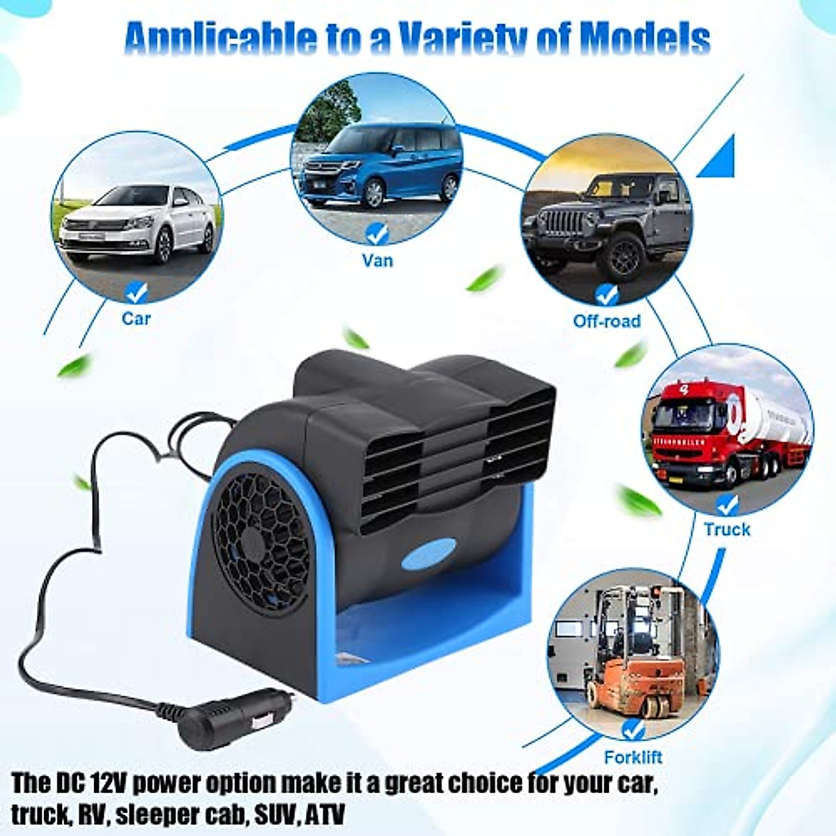 Acouto 12V Car Air Fan Universal Auto Car Vehicle Mini Adjustable Portable Speed Silent Car Fans Electric Air Fan with Cigarette-Lighter Plug