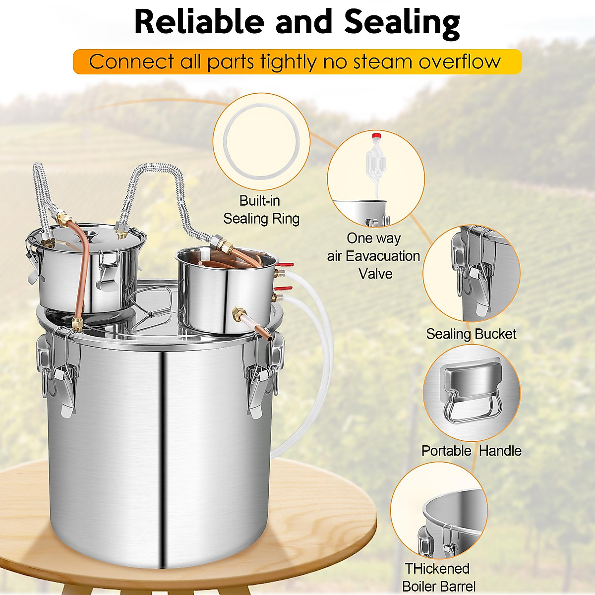 Rengue Alcohol Still 13.2 Gal, 50L Stainless Steel Alcohol Distiller Copper Tube with Thumper Keg, Home Brewing Kit Build-In Thermometer for DIY Whisky Wine Brandy Silver