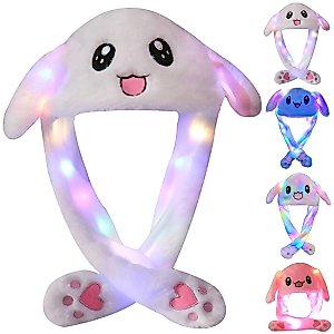 Arcimatto Animal Hat Plush Bunny Ears Moving Jumping Dress Up Cosplay Party Christmas Holiday Rabbit Cap for Kids Adults (White Rabbit)