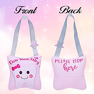 Tooth Fairy Pillow with Pocket for for Girls and Boys Kids，Tooth Keepsake Pouch Tooth Fairy Bag on Back Toothfairy Gift，5.9 x 5.9 inches (Pink)