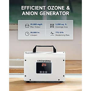 CREWORKS Digital Ozone Generator, 25000 mg/h High Capacity Ozone Machine for Car Home Smoke Pet Odor Removal, Commercial Ozone Odor Eliminator Air Purifier with Adjustable Settings for 3200 sq ft Room