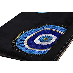 KarensLine Handmade Evil Eye Embroidered Black Velvet Clutch Bag Sunny Beach Summer Style, Medium