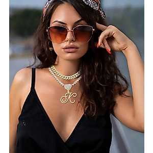 KOHOTA Gold Cuban Link Chain for Women Cursive Initial Pendant Necklace Layered Heart Shaped Zirconia Iced Out Chain Bling Necklace 24K Gold Plated Luxury Hip Hop Jewelry