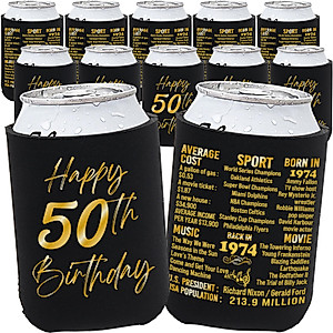 BackURyear 50th Birthday Decorations for Women men, 50 Years Old Birthday Decor, Fifty Birthday Party Supplies, 50th Birthday Party Beverage Can Cooler Sleeves, Black & Gold (12 Pcs)