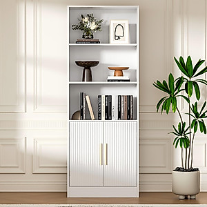 Housoul Modern Bookshelf with Doors, 63" Tall Bookshelf with Storage, 3 Shelf Bookcase with Adjustable Shelf, 3 Tier Bookshelf, Open Shelves Bookcase, Unique Bookshelf for Bedroom & Office, White