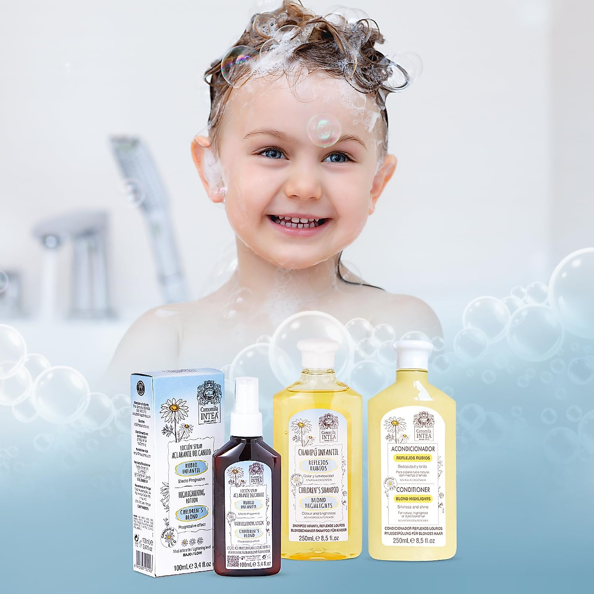 Camomila Intea Kids 3-In-1 Hair Lightener Kit - Blonder Lightening Set with Chamomile Extract - Lotion, Shampoo and Conditioner