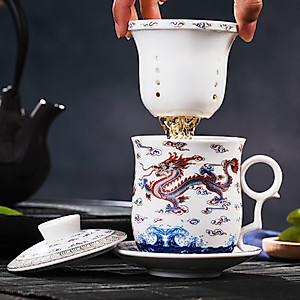 Ameolela Porcelain Tea Cup with Infuser Lid and Saucer Sets - Chinese Jingdezhen Ceramics Coffee Mug Teacup Loose Leaf Tea Brewing System for Home Office