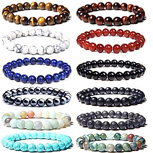 SONNYX 12 PCS 8mm Semi-Precious Gemstone Bracelet Set Crystal Stone Stretch Bracelets for Women Men Round Beaded Elastic Bracelets
