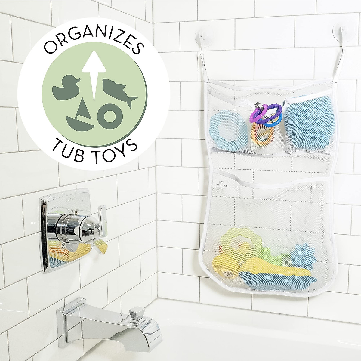 S&T INC. Bath Toy Storage Net with Pockets for Tub, Shower Caddy Holds Baby and Kids Toys, Soap, or Shampoo, Hooks Included, 14 Inch by 20 Inch, White, 1 Pack
